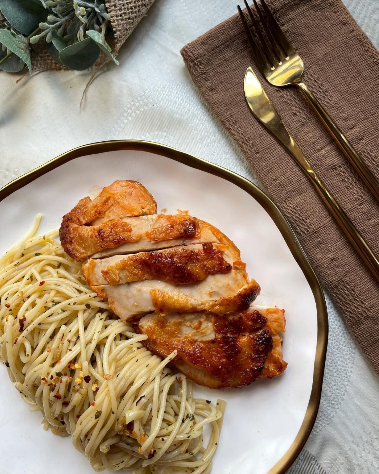 Spaghetti Aglio e Olio and Honey BBQ Chicken